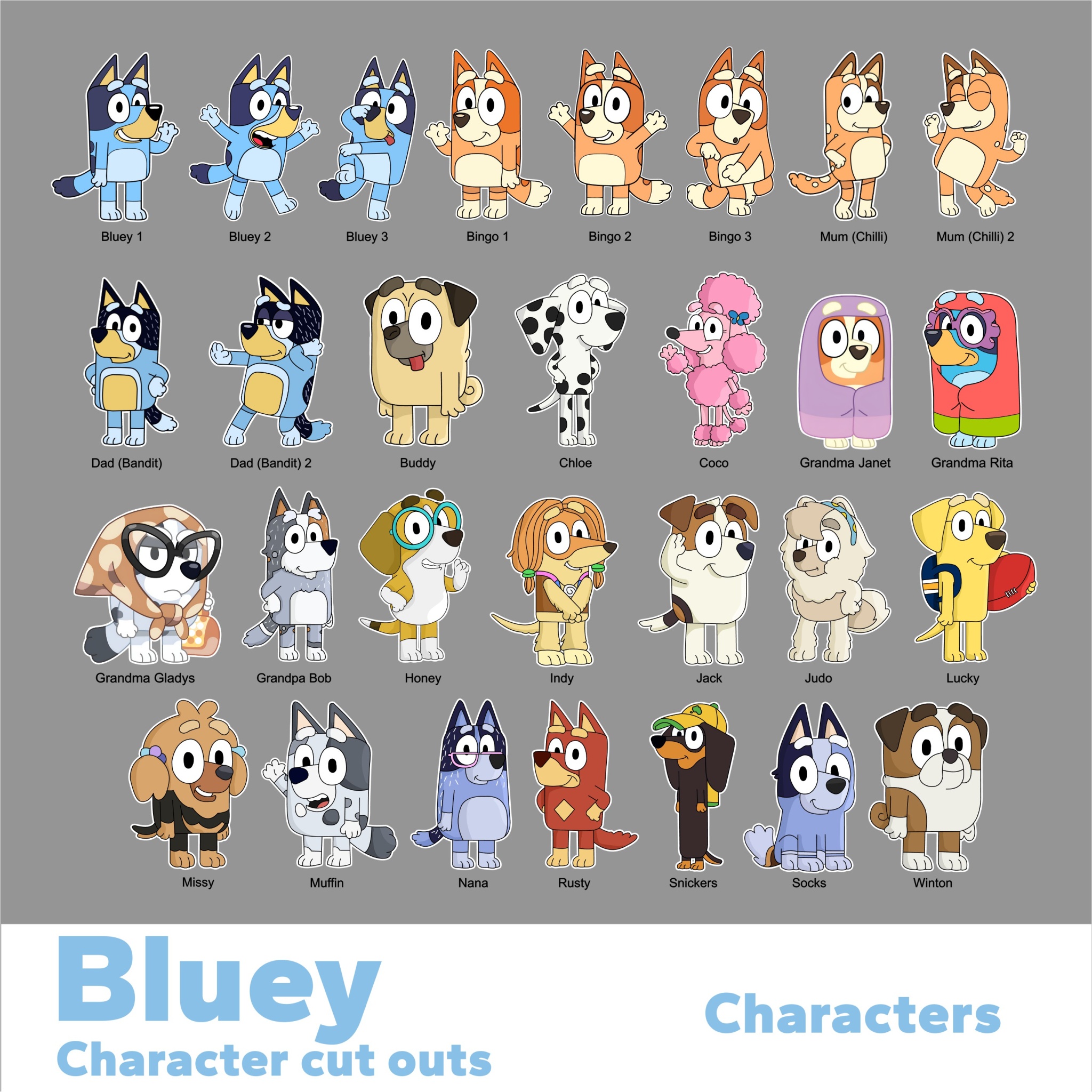 BLUEY CUT OUTS - Bluey and Friends character cutouts